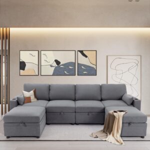 wotsta modular sectional sofa couch with large storage, convertible u shaped sofa with usb ports & cup holders, deep seat couch with wide chaise, 6 seat sectional couches for living room (grey)