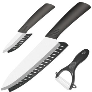 ceramic knife and peeler set - ceramic knives set for kitchen - ceramic peeler 3" utility knife 7" chef knife with sheath cover