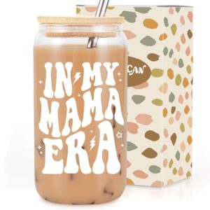 coolife in my mama era coffee glass cup - best mom, new mom gifts, cute mother mama gifts - christmas, birthday gifts for new mom after birth - 16 oz mom cup mama glass tumbler w/straw lid