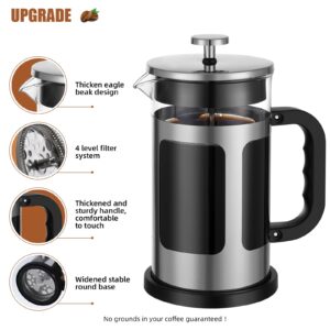 Dircolz French Press Coffee Maker -（21oz） 304 Stainless Steel with 4 Filters System, Heat Resistant Thickness Borosilicate French Press Glass, BPA-Free Brewed Tea Pot Coffee Plunger（Silvery）