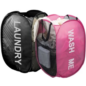 larpur pop up laundry baskets, 2 pack mesh laundry hampers collapsible clothes hampers for home, dorm, travel (black + pink)