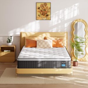 queen mattress,10 inch queen size mattresses, hybrid mattress in a box with memory foam and independent spring, soft and comfortable, pressure relief, cool and breathable, certipur-us, medium firm