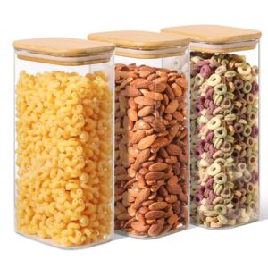 comsaf 54oz rectangle glass storage containers with lids, glass jars with bamboo lids, clear food storage jar, sugar coffee containers, pantry storage container for pasta rice flour oats nuts tea