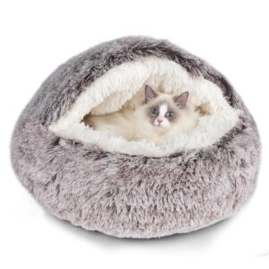 qianchilang cat beds & dog bed with cover cave, dog beds for small dogs, round soft plush donut calming pet bed for indoor cats or small dog, washable puppy bed with non-slip bottom-16inch