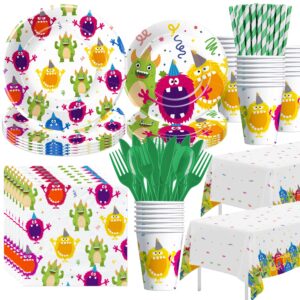 xigejob monster birthday party supplies - monster party decorations tableware, plate, cup, napkin, tablecloth, cutlery, monsters theme 1st 2nd 3rd birthday baby shower decorations dinnerware| serve 24