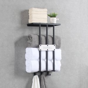 bathroom towel storage rack, towel racks for bathroom wall mounted 22 inch with shelf can holds 4 large towels, wall towel rack for rolled towels, black