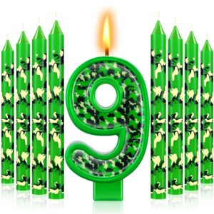 zomiboo 13 pcs camo birthday candles army theme candles for cake green number candle camouflage cake candles for birthday graduation celebration wedding party supplies decoration (number 9)