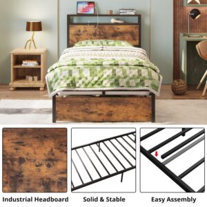 LIKIMIO Twin Bed Frames with Drawer, Storage Headboard with Outlets, No Box Spring Needed, Easy Assembly, Vintage Brown