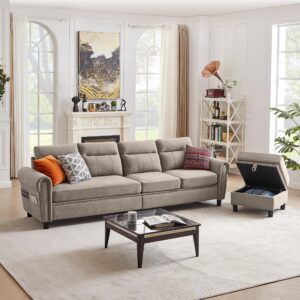 jarenie 107" convertible sectional sofa, 4-seat l shaped couch with storage chaise and side pocket, modern linen fabric sectional couches for living room, beige