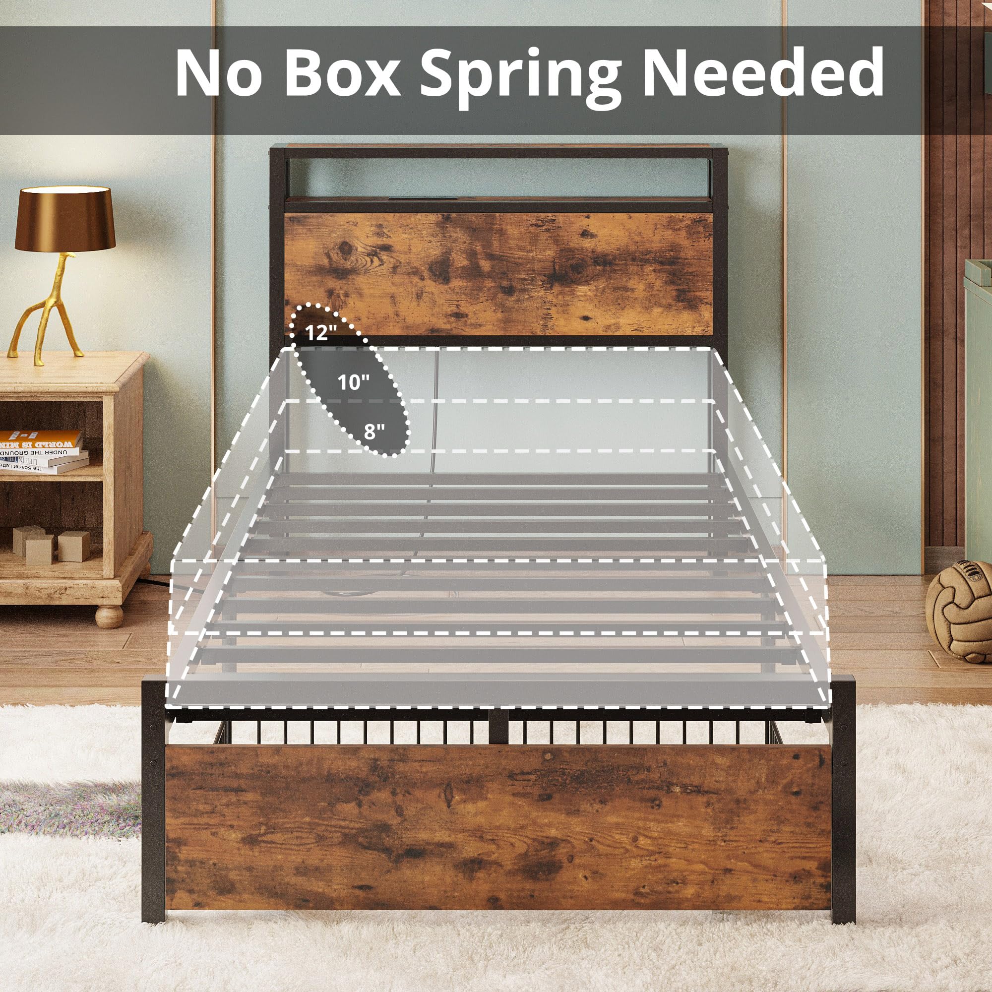 LIKIMIO Twin Bed Frames with Drawer, Storage Headboard with Outlets, No Box Spring Needed, Easy Assembly, Vintage Brown