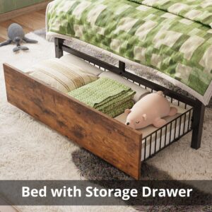 LIKIMIO Twin Bed Frames with Drawer, Storage Headboard with Outlets, No Box Spring Needed, Easy Assembly, Vintage Brown