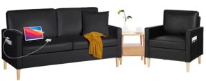 tyboatle modern pu leather living room furniture 2 pieces sectional sofa couches sets, loveseat w/ 2 usb charging ports and comfy accent arm chairs for small space, apartment, office, studio (black)