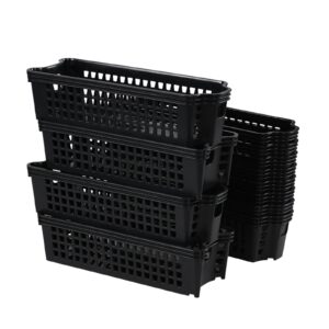 morcte 12 pack narrow plastic storage basket, stacking slim plastic baskets, black