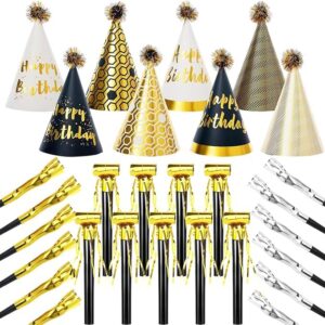 joyeondef 30 pcs gold birthday party hats gold cone hats includes 8 birthday paper hats and 22 gold noise makers (black and gold suit)