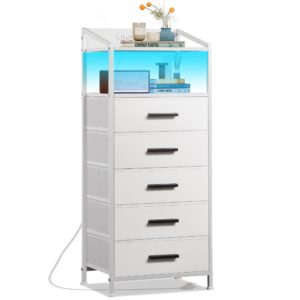 eknkozy nightstand 5 drawer dresser with led lights and charging station, vertical side table with fabric drawers, end table with open shelf, tall dresser for bedroom, hallway, entryway, white