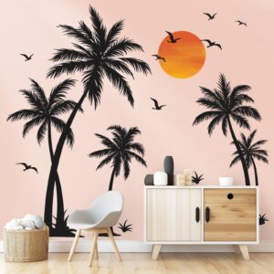 wondever large black palm tree wall stickers tropical tree plants birds peel and stick wall art decals for living room bedroom tv background (h: 53 inch)