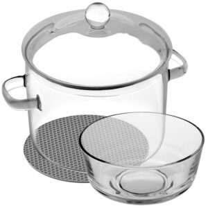 glass cooking pot with lid and serving bowl set (64oz/1.9l) - durable glass simmer pot for stove top - clear pots for cooking, potpourri, pasta, soup, ramen, ect (comes with silicone trivet mat)