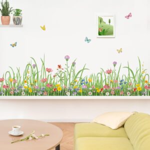 wondever green grass floral wall corner stickers wildflower butterflies baseboard skirting line wall decals for living room bedroom dining room (w:62 inches)