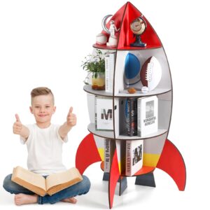 lineshading space rocket bookshelf kids 4 tier wooden toy storage organizer display cabinet bookshelf baby toddler book shelves book rack for girl boy playroom classroom nursery living room