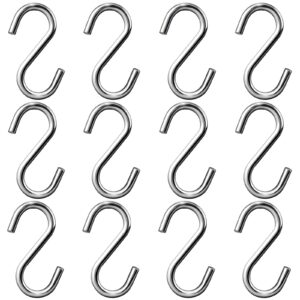 dreecy 12 pack stainless steel heavy duty s hooks for hanging, 2 inch small s hooks,thick s hooks for hanging hammocks plants chain hardware bird feeders garden tools pots pans