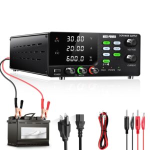 nice-power dc power supply variable, 30v 20a 600w high power bench power supply for battery charging, adjustable switching regulated power supply with ocp, memory storage, output switch, lock button