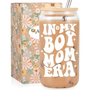 fairy's gift boy mom iced coffee cup, cute boy mom gifts, 16 oz coffee glass cups with lids straws - in my boy mom era - boy mom christmas, boy mama birthday gifts - gifts for new mom, expecting mom