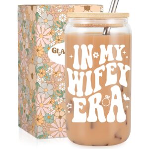 fairy's gift wifey cup, engagement gifts for her, bride gifts, 16 oz coffee glass cups with lids straws - in my wifey era - wedding, bridal shower, bachelorette gifts for bride, bride to be gifts