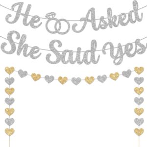 he asked she said yes banner silver glitter, no-diy she said yes decorations banner with heart garland, engagement party decorations silver for wedding engagement bridal shower party decorations