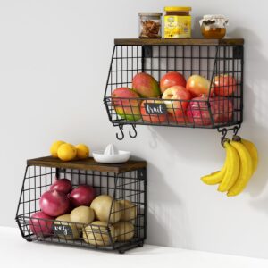 goozii hanging wall fruit basket for kitchen counter 2 pack, stackable wire baskets for organizing with wood lid, potato and onion storage bin with banana hook for vegetable produce, black + rustic