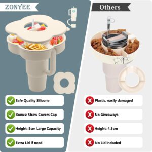 Snack Bowl with Lid for Stanley 30 oz Tumbler with Handle, Silicone Snack Tray Snack Ring for Stanley Cup Accessories, Suitable for Car Cup Holder or Outdoor, Cream