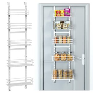 purdaz adjustable 5-tier over the door pantry organizer, spice rack, narrow hanging shelf for kitchen storage and organization (white)