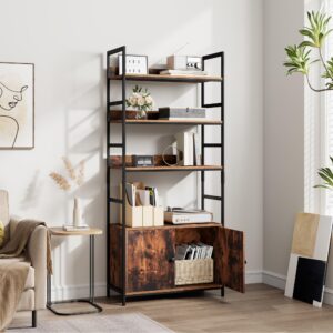 botlog industrial bookshelf, tall bookshelf with storage, wood and metal shelf with doors and shelves rustic brown for office and living room