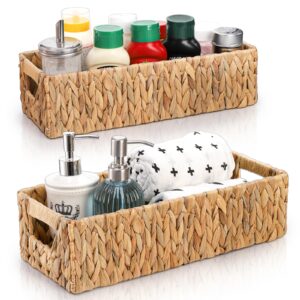 2 pack wicker storage baskets, water hyacinth holder for toilet paper, rectangular natural bins with built-in handles, handwoven organizer for bathroom kitchen pantry tank top, 2 sizes