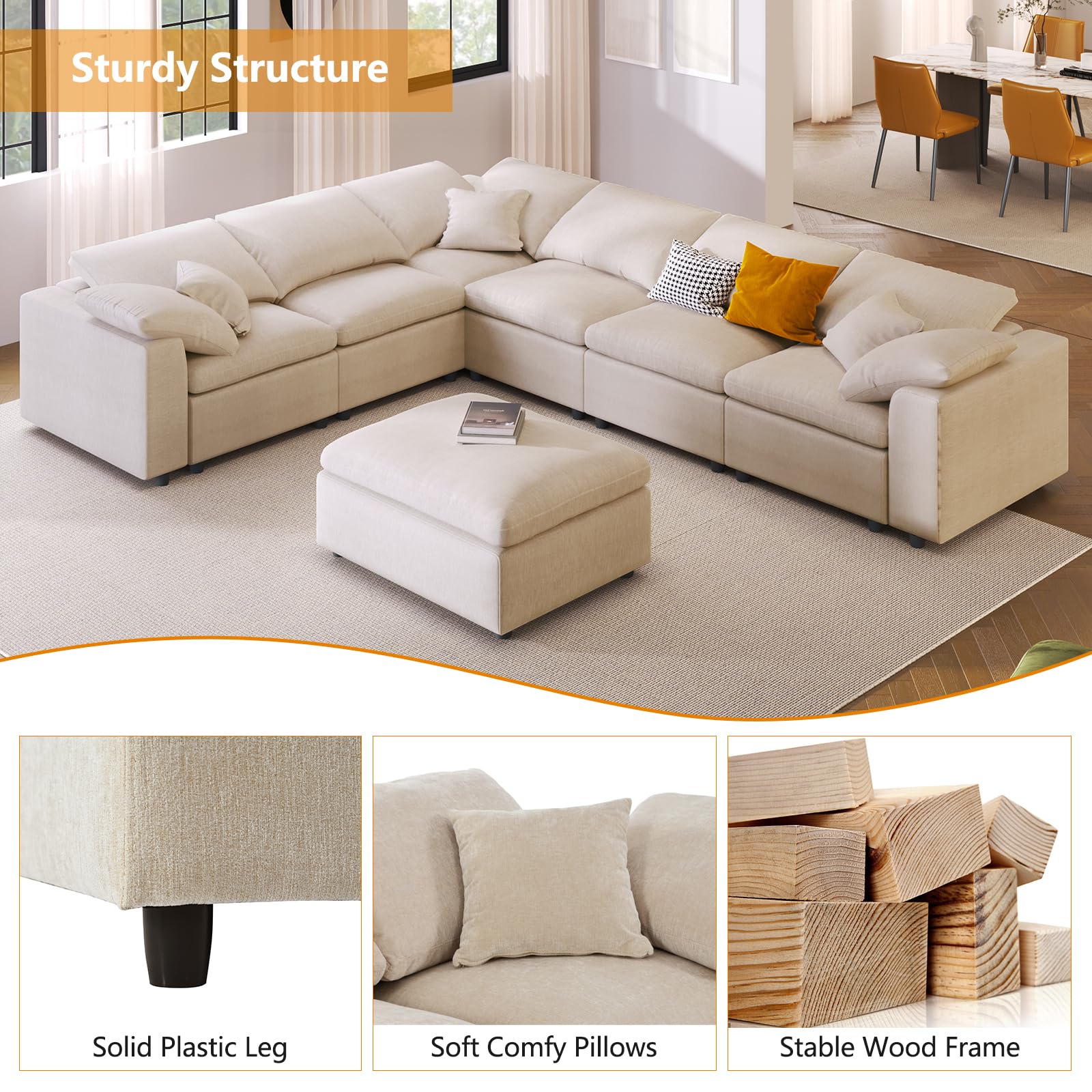 Tmsan 129.3" Oversized Modular Sectional Sofa, U Shaped Couch with Movable Ottoman, Large 7 Seat Corner Couches for Living Room, Spacious Space, Beige