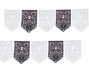 black white papel picado banners, elegant fiesta decorations for birthdays, weddings, bridal showers, engagements, paper garland, streamers, bunting 2 pack | tissue paper flags