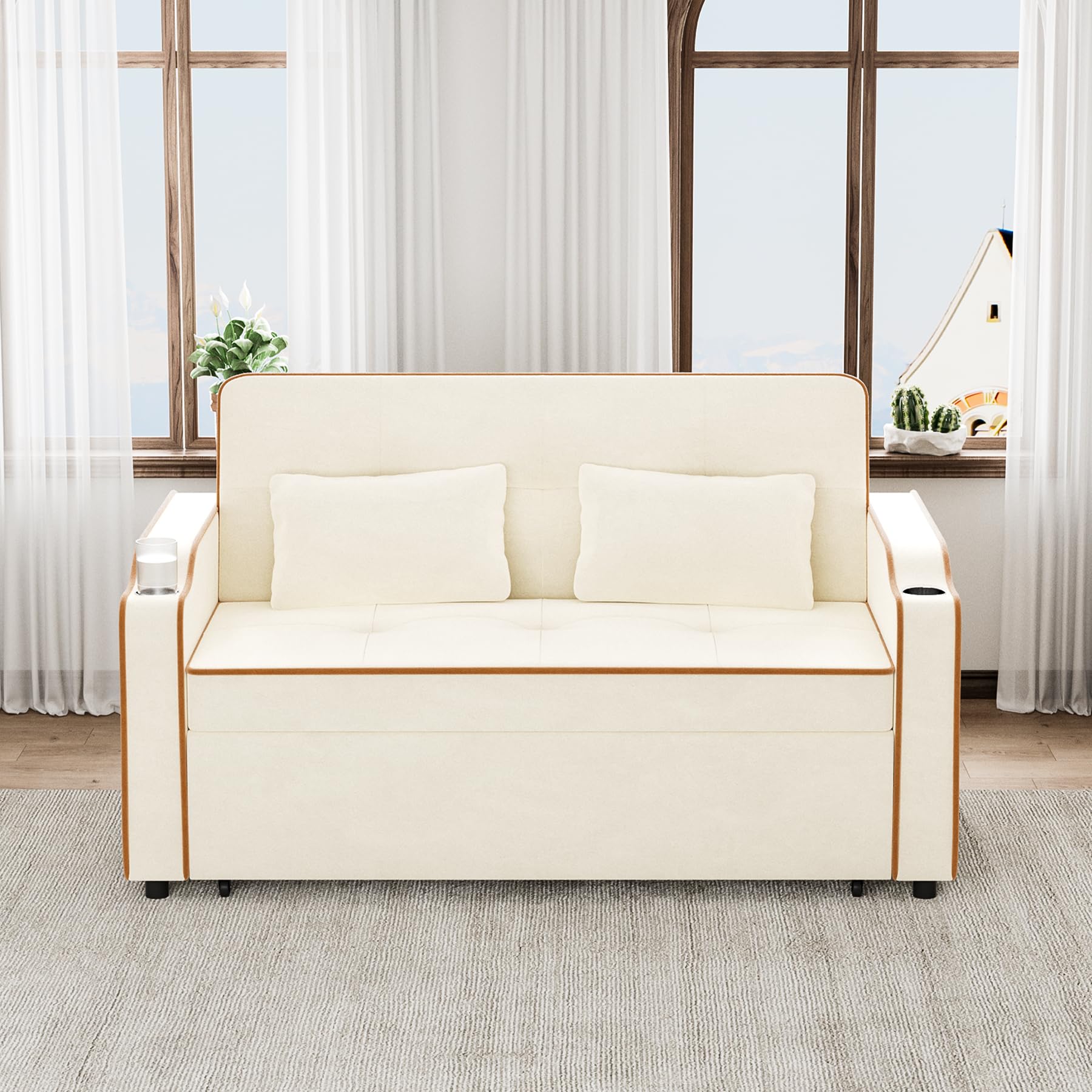 Wrofly 3 in 1 Convertible Sleeper Sofa Bed, Pullout Couch with USB Port & Cup Holder, Modern Futon Loveseat with Storage and Pillows, Velvet Small Couches for Living Room (Beige White)