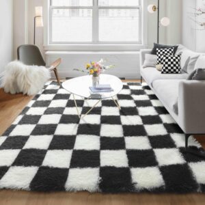 kicmor 5x8 area rug for living room, black and white fluffy shag fuzzy plush soft checkered rugs for bedroom, big large shaggy rug floor carpets for kids teen dorm home decor aesthetic, boys room