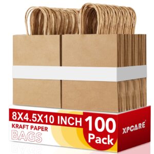 xpcare 100pack brown paper bags 8x4.5x10 inch, plain medium paper bags with handles bulk, kraft paper gift bags, retail bags, party bags, shopping bags, favor bags