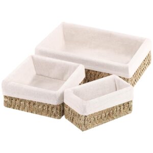 outbros wicker storage basket, decorative storage baskets with liner for shelves,toilet paper baskets,storage basket for toilet tank top, 3-pack,seagrass