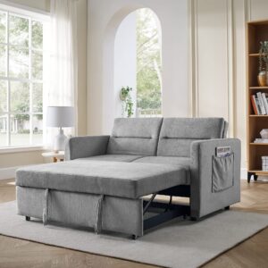 homssof loveseats sofa bed couch with pull-out bed，adjsutable back and two arm pocket,54.5"x33"x31.5",grey