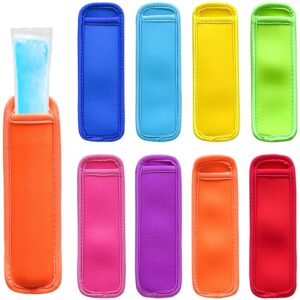 hzran ice pop sleeves, 8 pieces ice pop neoprene insulator sleeves, freezer popsicle holder sleeves, colorful ice sleeves holder bag, reusable washable ice popsicle holders for kids.