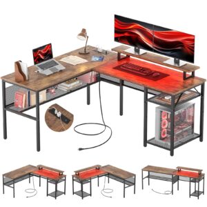 hyomdeck reversible l shaped computer desk with power outlet & monitor stand, 55 inch gaming desk with rgb led light, sturdy office corner desk with storage shelf, easy to assemble, rustic brown