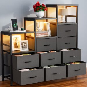 hpwlyo 9 drawer dresser with led light, tall fabric drawers dresser for bedroom with power outlets, dressers & chests of drawers with 3 shelves for bedroom