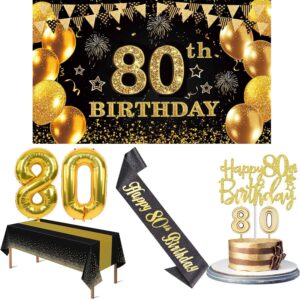 80th birthday decorations men women with 80th birthday banner, black and gold table cloth, 80 number balloons, 80th birthday sash, 80th birthday cake topper and 80th birthday candles