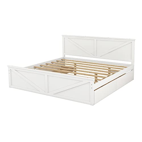 RORIGAT King Size Platform Bed with 4 Storage Drawers, Wooden Bedframe w/Headboard and Support Legs, for Livingroom, Bedroom, Guestroom, No Box Spring Needed, White