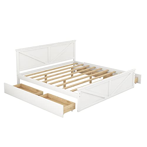 RORIGAT King Size Platform Bed with 4 Storage Drawers, Wooden Bedframe w/Headboard and Support Legs, for Livingroom, Bedroom, Guestroom, No Box Spring Needed, White