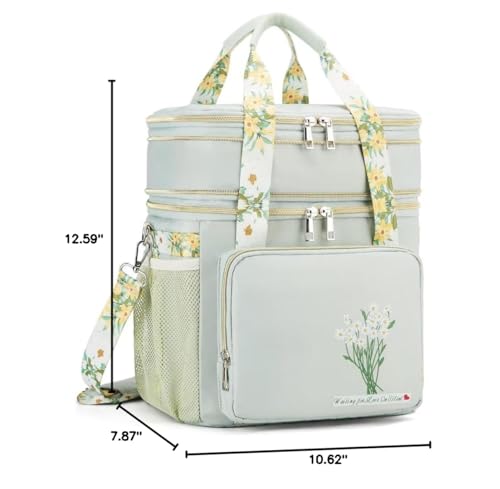 HSHRICH Insulated Lunch Bag for Women/Men, Dual Compartment Waterproof Reusable Large Lunch Box for Adlut Wide-Open Tote Cooler Bag For Working Picnic Hiking (16L, Green-Flowers)