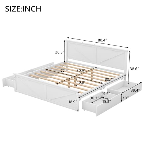 RORIGAT King Size Platform Bed with 4 Storage Drawers, Wooden Bedframe w/Headboard and Support Legs, for Livingroom, Bedroom, Guestroom, No Box Spring Needed, White