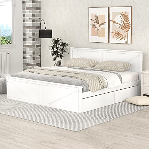 RORIGAT King Size Platform Bed with 4 Storage Drawers, Wooden Bedframe w/Headboard and Support Legs, for Livingroom, Bedroom, Guestroom, No Box Spring Needed, White