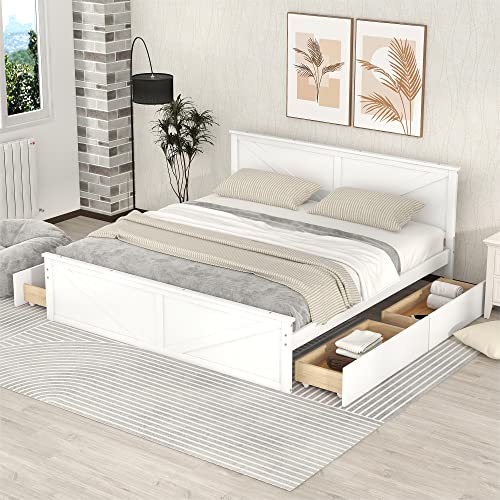 RORIGAT King Size Platform Bed with 4 Storage Drawers, Wooden Bedframe w/Headboard and Support Legs, for Livingroom, Bedroom, Guestroom, No Box Spring Needed, White